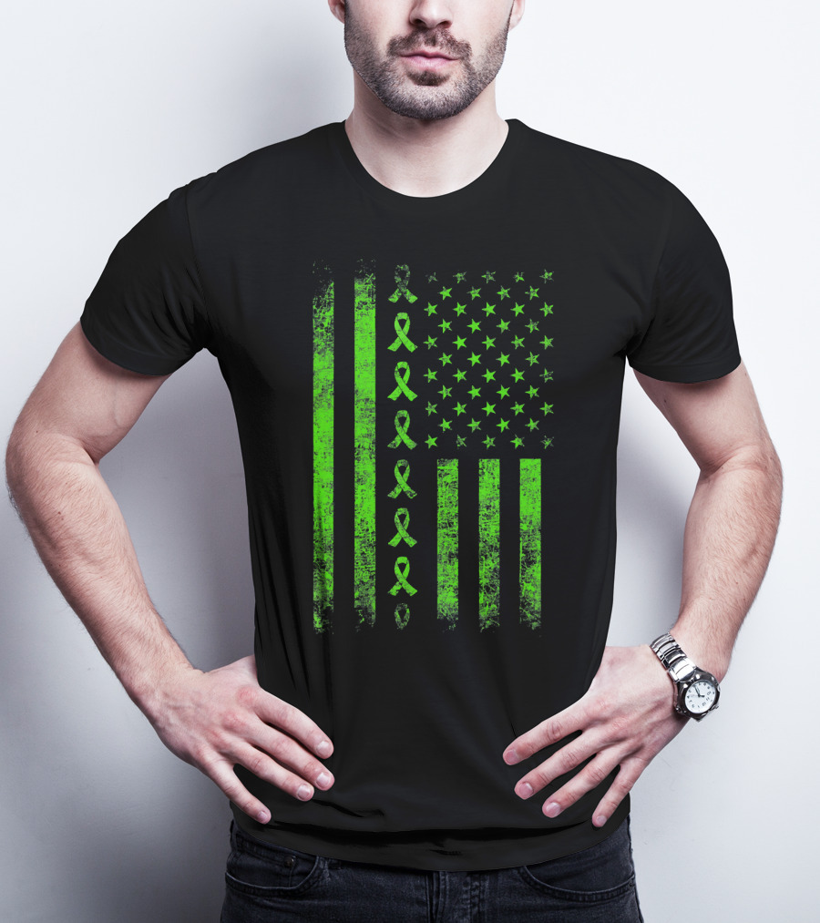 Lymphoma Cancer Awareness Lime Green Ribbon American Flag T-Shirt