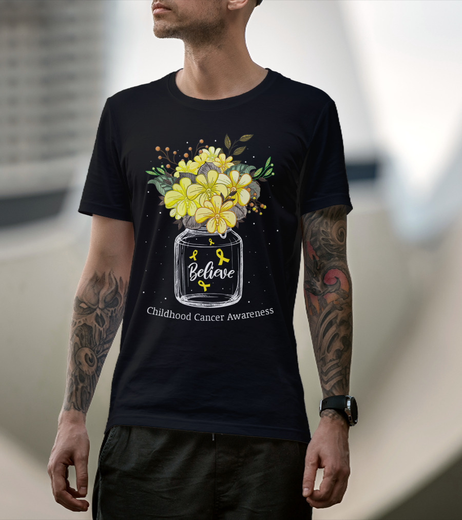 Believe Yellow Ribbon Childhood Cancer Awareness Flower Bouquet T-Shirt
