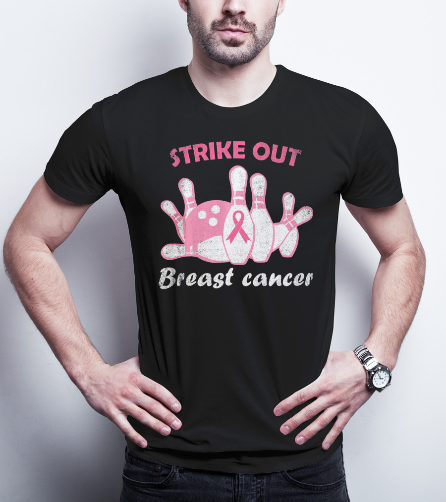 Strike Out Breast Cancer Pink Ribbon Bowling Pins And Ball T-Shirt