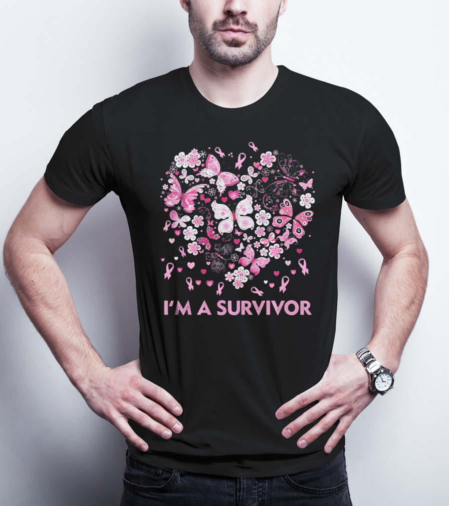 I'm A Survivor Heart Pink Ribbon Butterfly Flowers T-Shirt