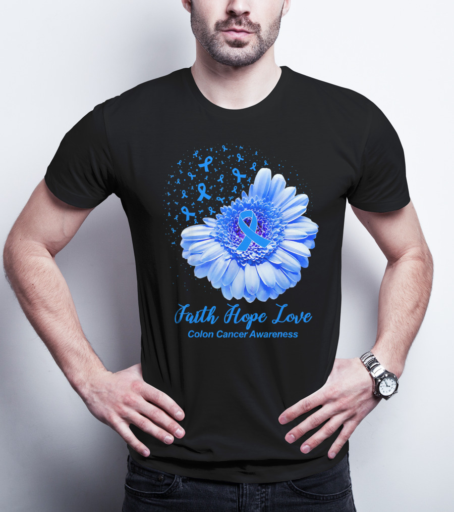 Faith Hope Love Colon Cancer Awareness Blue Ribbon Flower T-Shirt