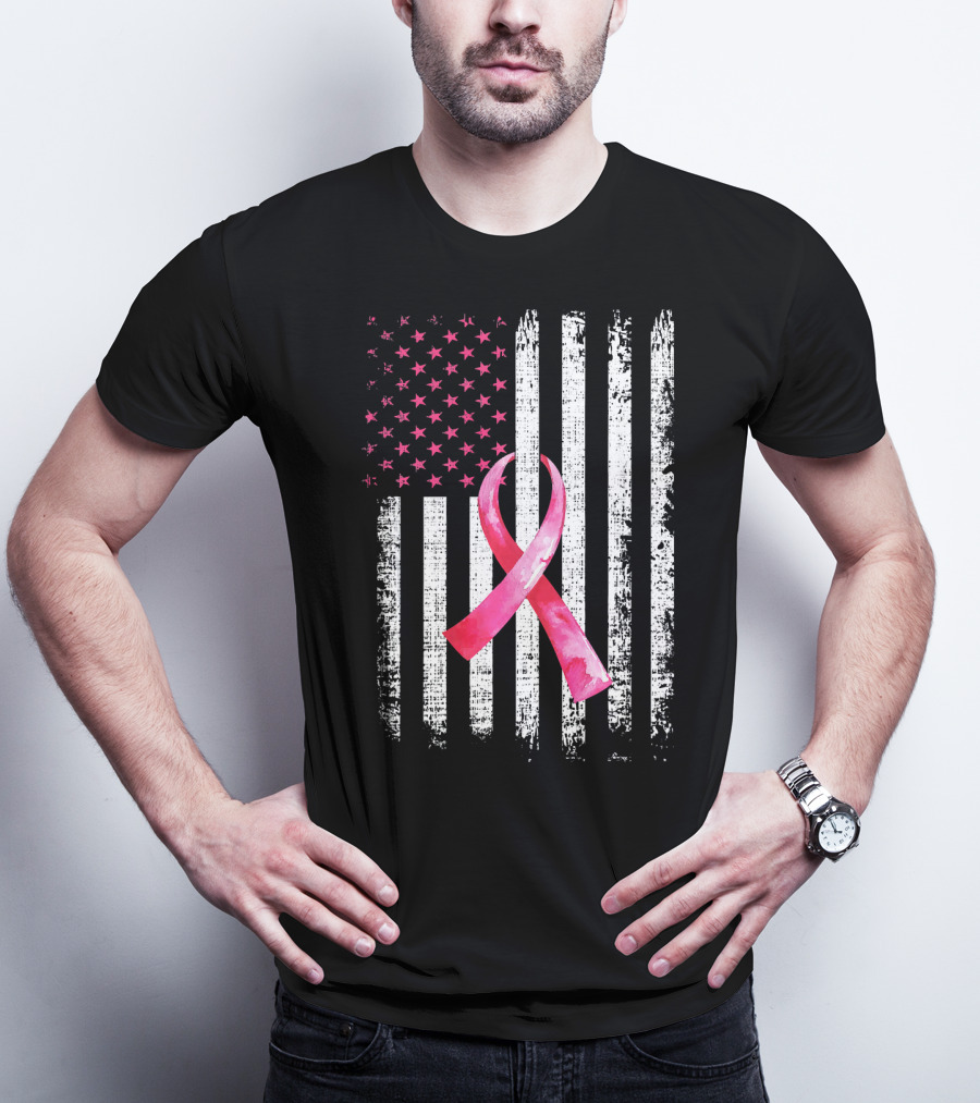 Breast Cancer Awareness Pink Ribbon American Flag Fight T-Shirt