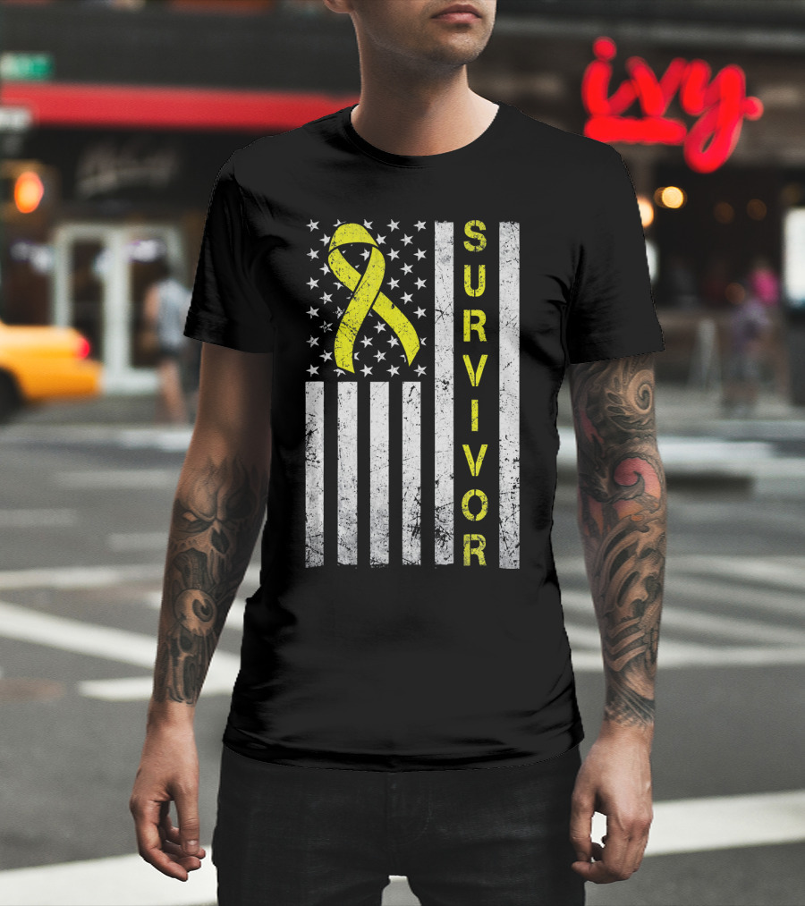 Survivor Yellow Ribbon USA Flag Childhood Cancer Awareness T-Shirt