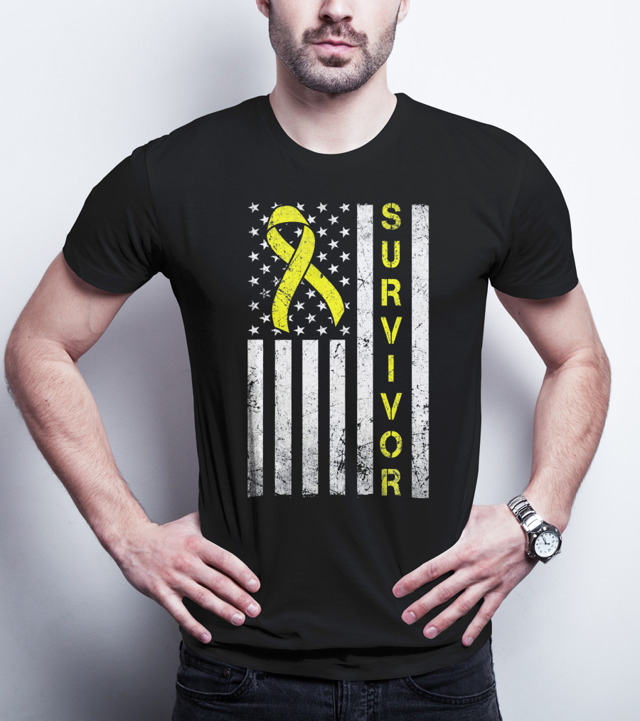 Survivor Yellow Ribbon USA Flag Childhood Cancer Awareness T-Shirt