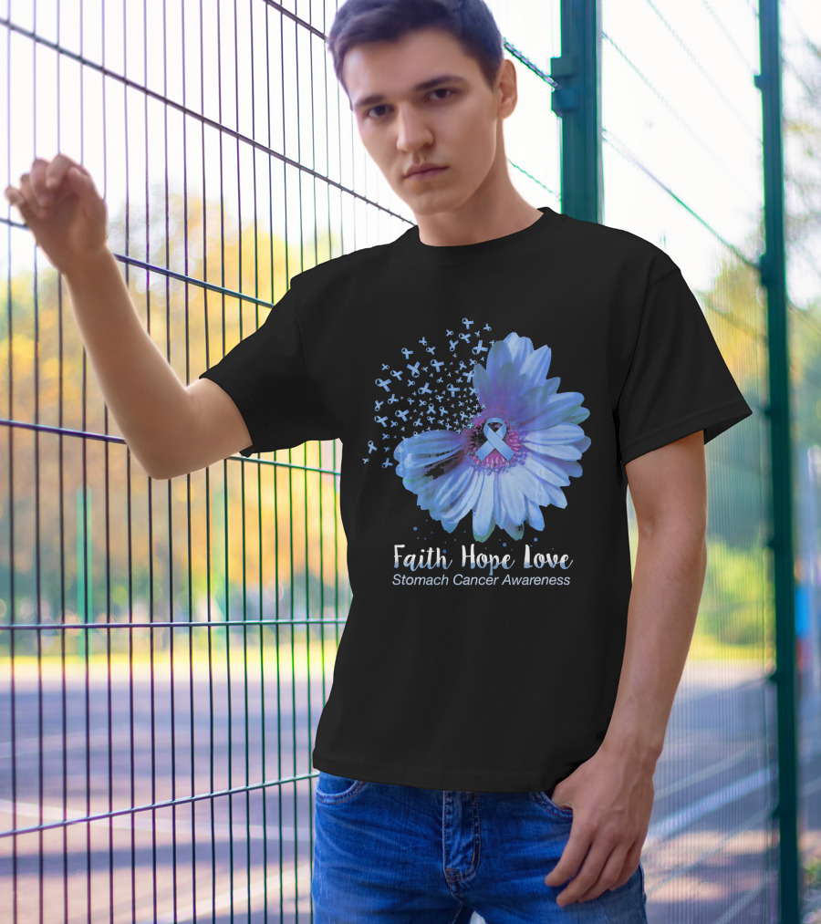 Faith Hope Love Stomach Cancer Awareness Blue Flower T-Shirt