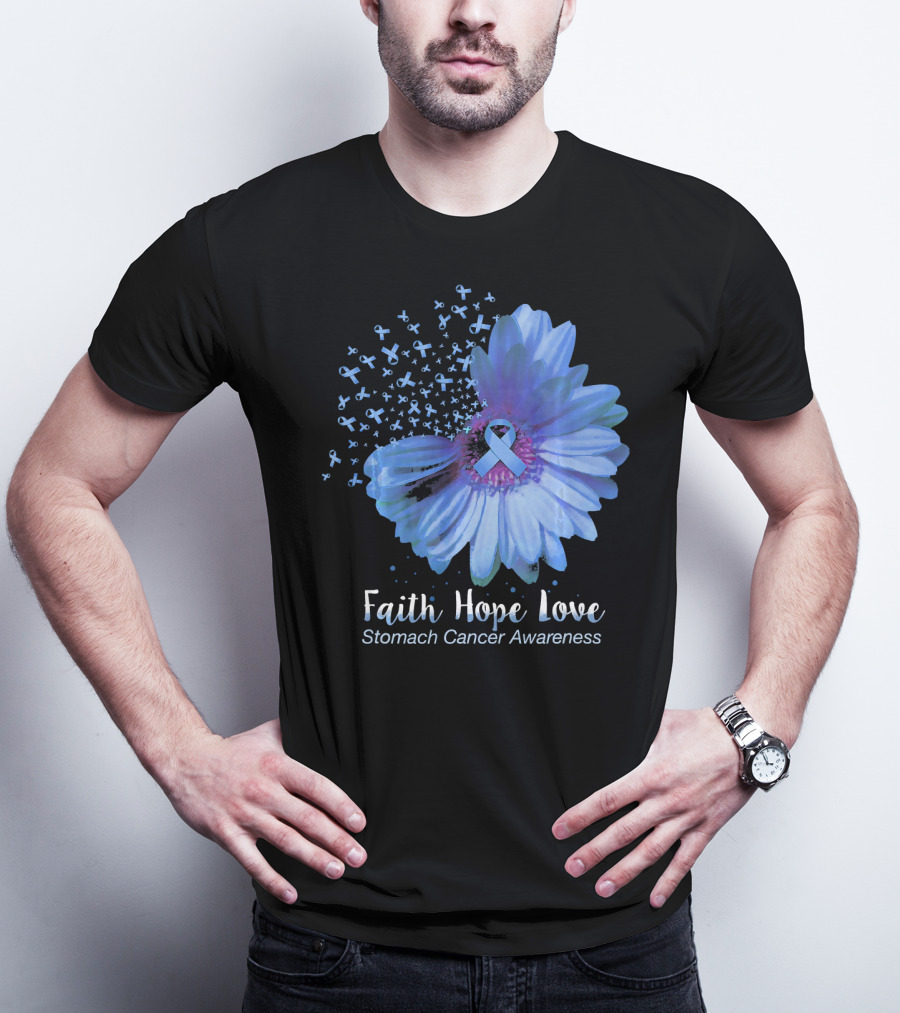 Faith Hope Love Stomach Cancer Awareness Blue Flower T-Shirt