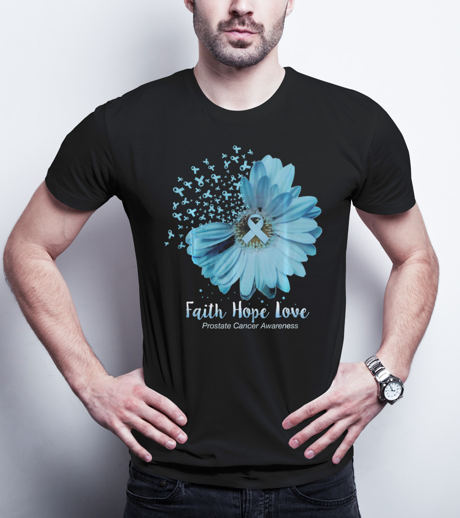 Faith Hope Love Prostate Cancer Awareness Blue Ribbon Flower T-Shirt