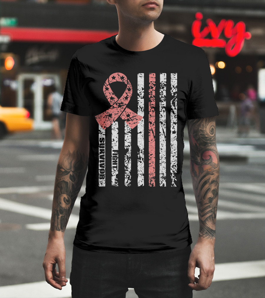 Cool Uterine Cancer Awareness Survivor Fight Ribbon Flag T-Shirt