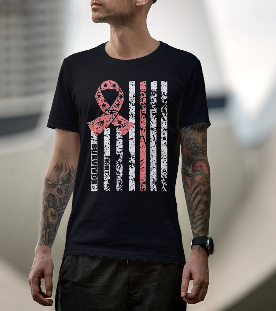 Cool Uterine Cancer Awareness Survivor Fight Ribbon Flag T-Shirt