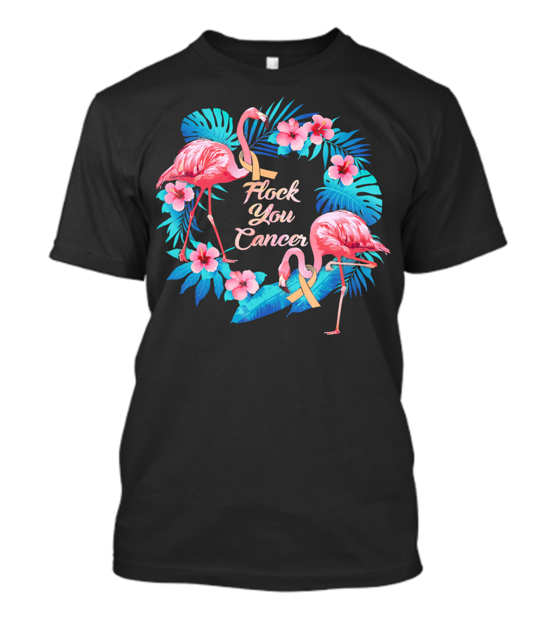 Flock You Cancer Funny Uterine Cancer Awareness Flamingo Floral T-Shirt