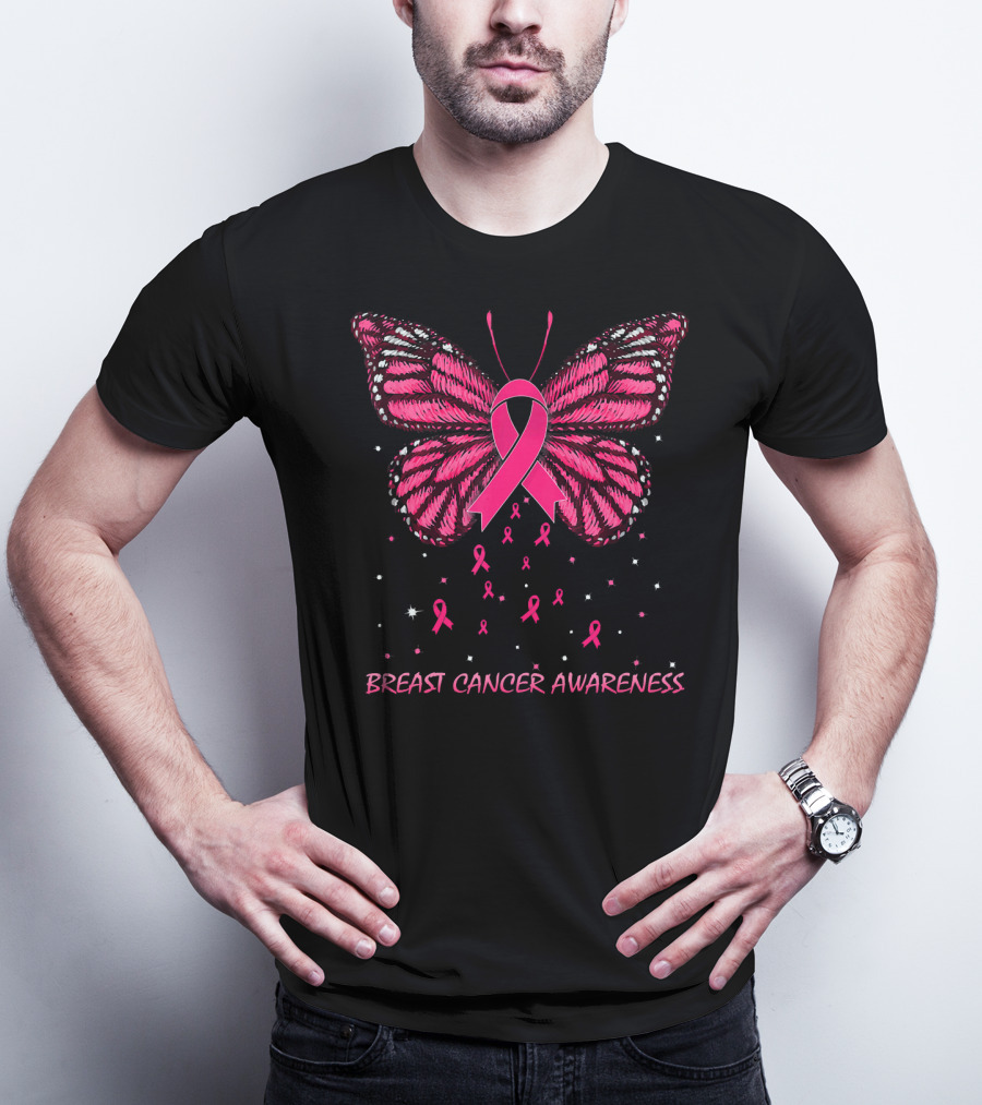 Breast Cancer Awareness Butterfly Ribbon And Stars T-Shirt
