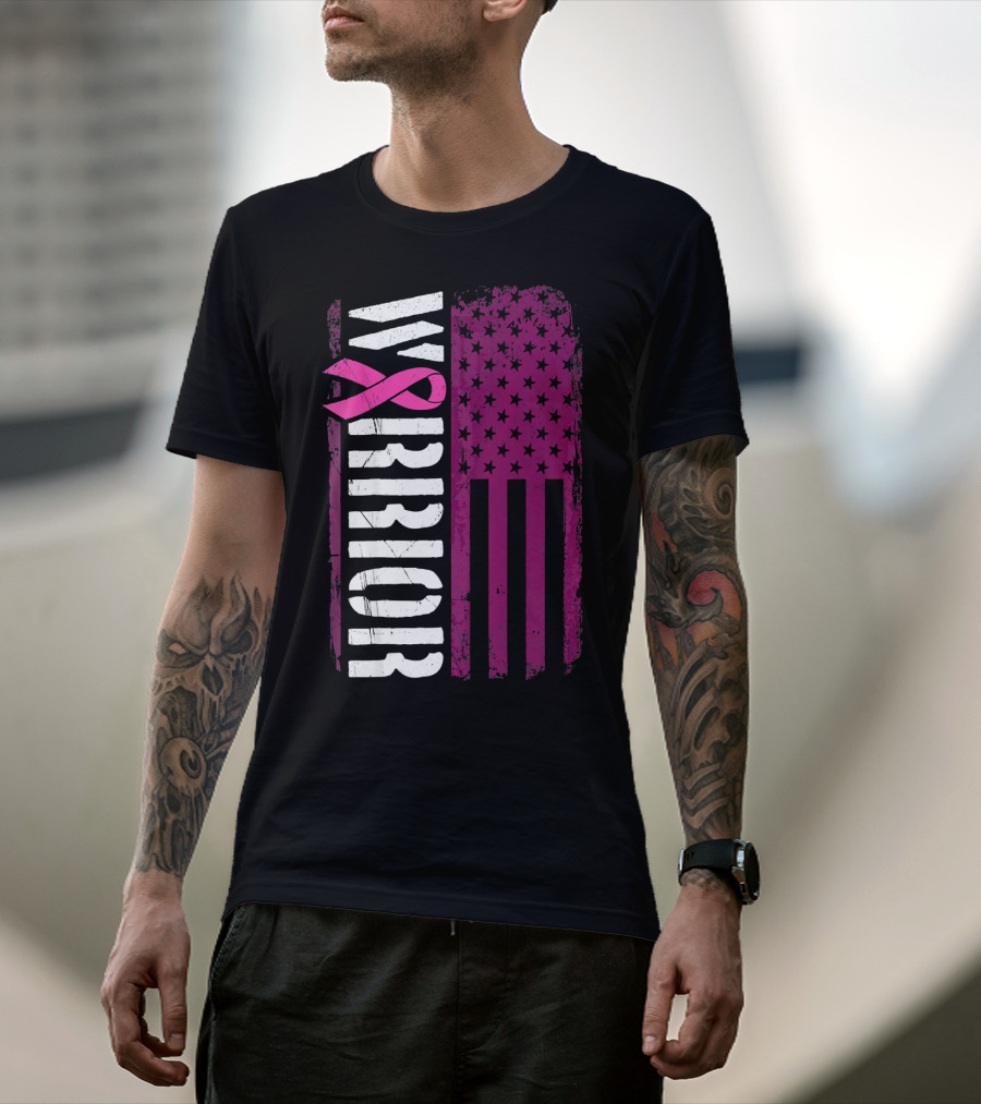 WARRIOR Breast Cancer Awareness Pink Ribbon American Flag T-Shirt