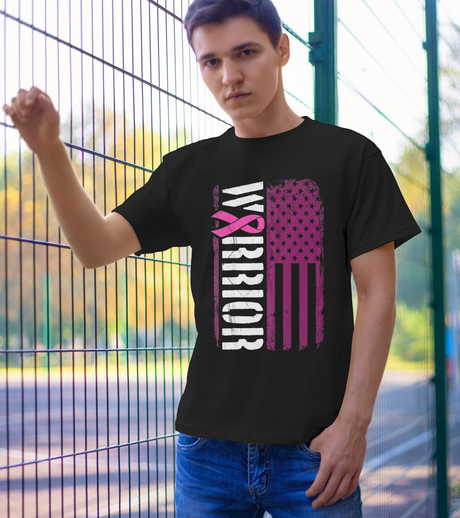 WARRIOR Breast Cancer Awareness Pink Ribbon American Flag T-Shirt