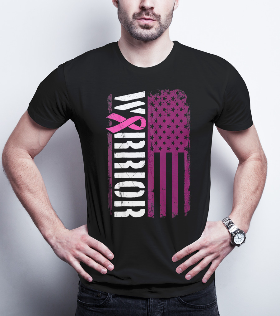 WARRIOR Breast Cancer Awareness Pink Ribbon American Flag T-Shirt