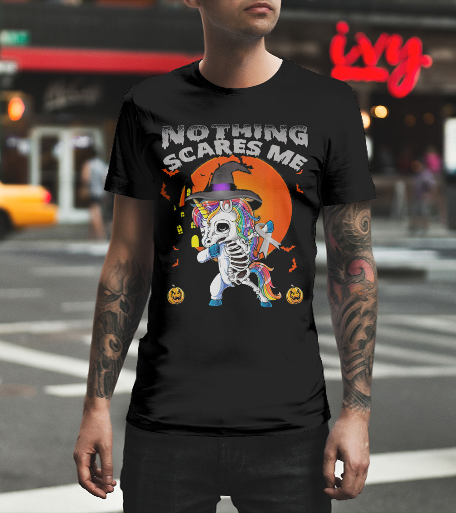 Nothing Scares Me Brain Cancer Dabbing Unicorn Skeleton T-Shirt