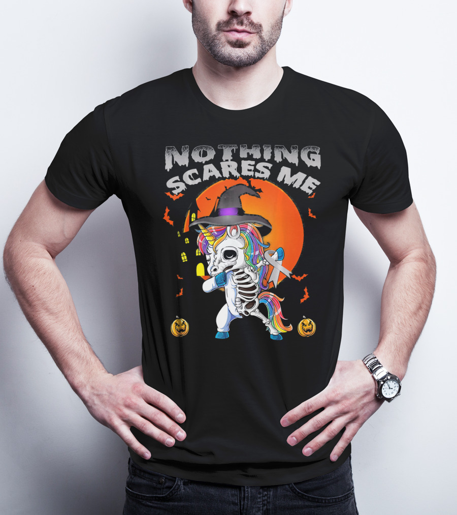 Nothing Scares Me Brain Cancer Dabbing Unicorn Skeleton T-Shirt