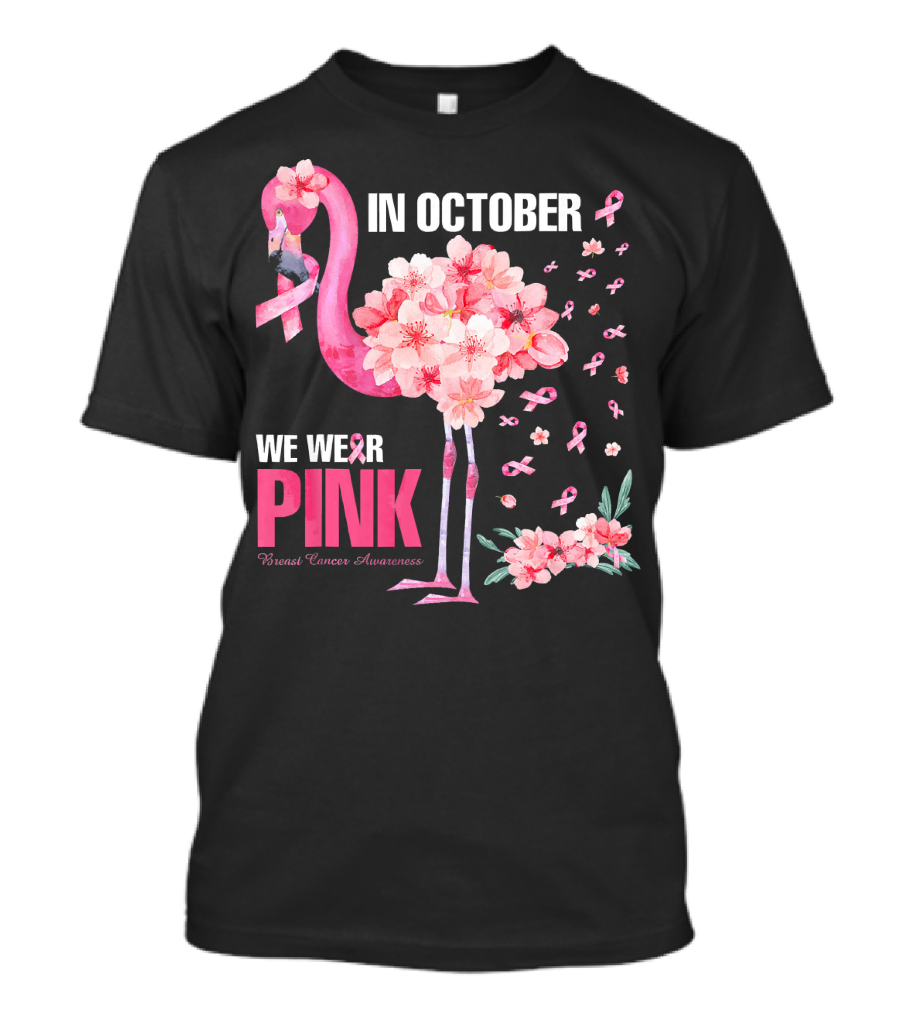 In October We Wear Pink Breast Cancer Awareness Flamingo Cherry Blossom T-Shirt