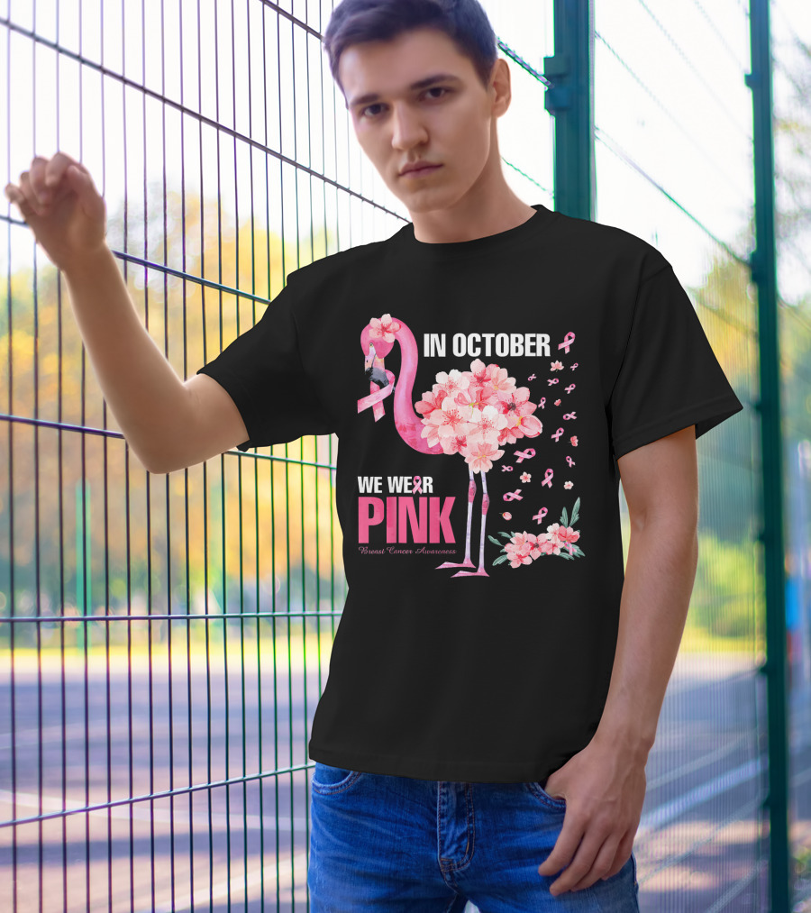 In October We Wear Pink Breast Cancer Awareness Flamingo Cherry Blossom T-Shirt