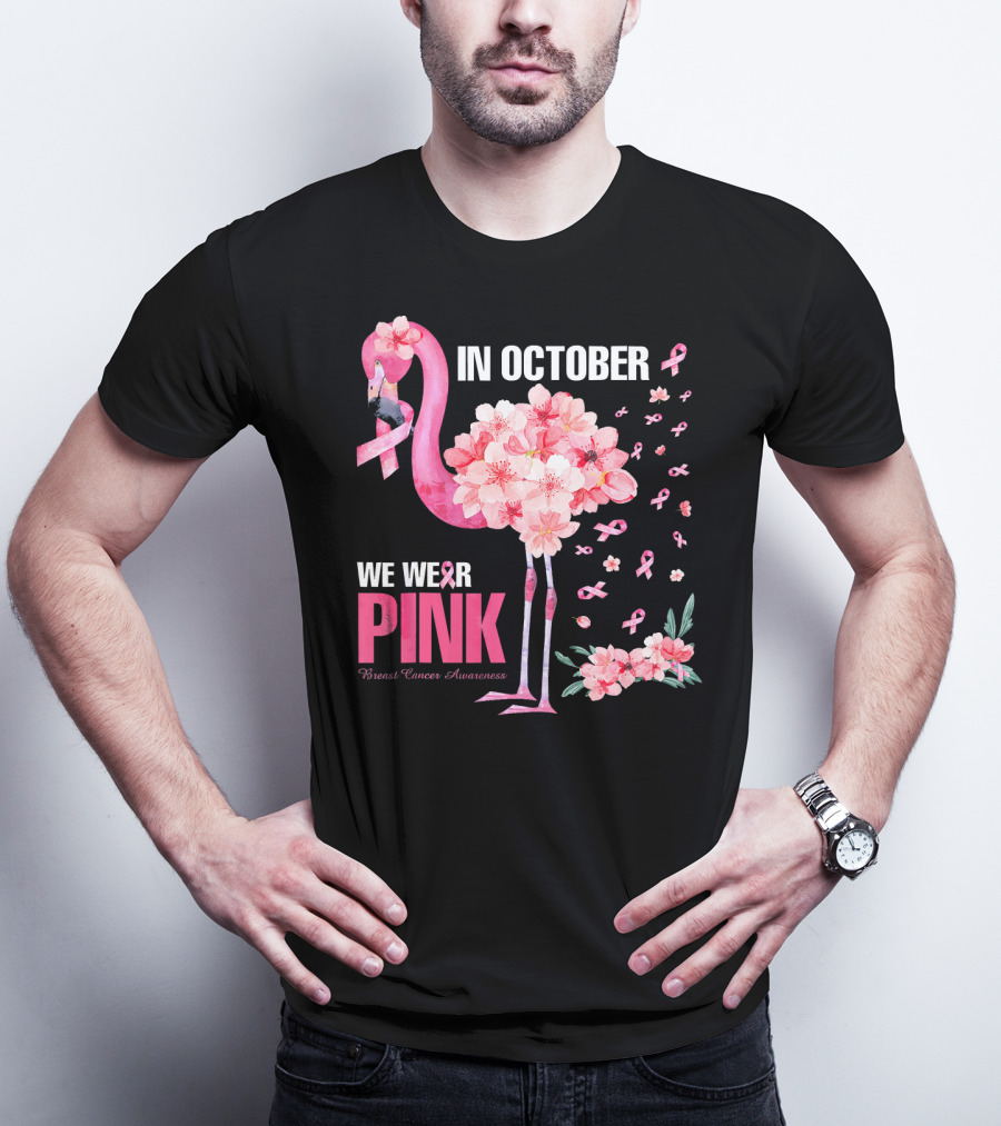 In October We Wear Pink Breast Cancer Awareness Flamingo Cherry Blossom T-Shirt