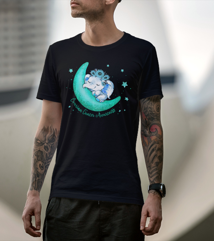 Ovarian Cancer Awareness Cute Elephant On The Moon T-Shirt