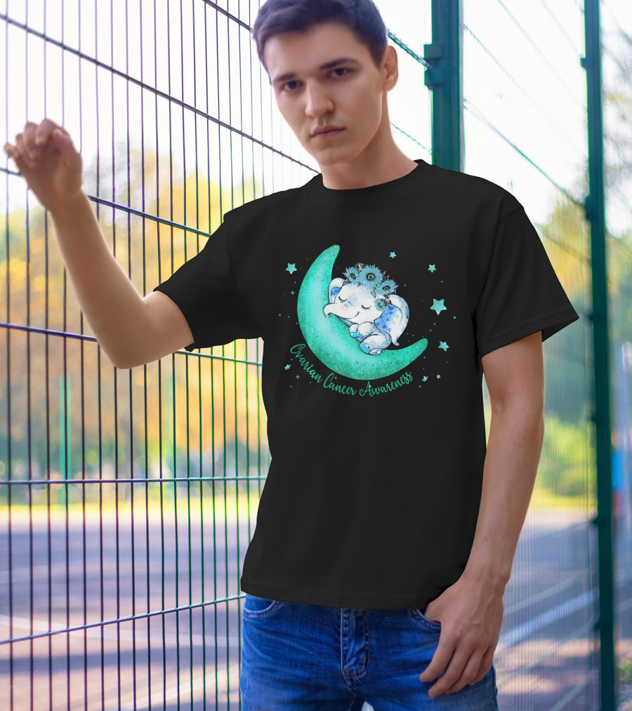 Ovarian Cancer Awareness Cute Elephant On The Moon T-Shirt