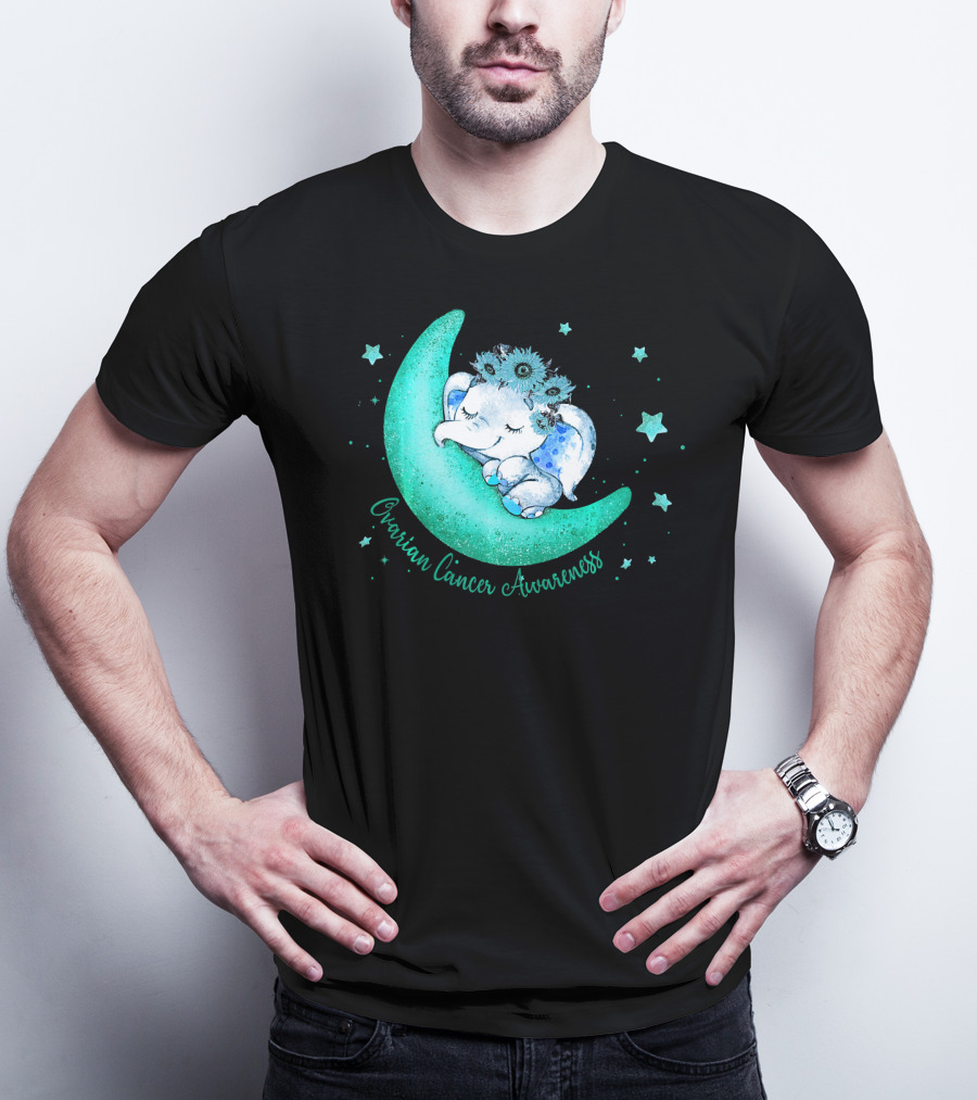 Ovarian Cancer Awareness Cute Elephant On The Moon T-Shirt