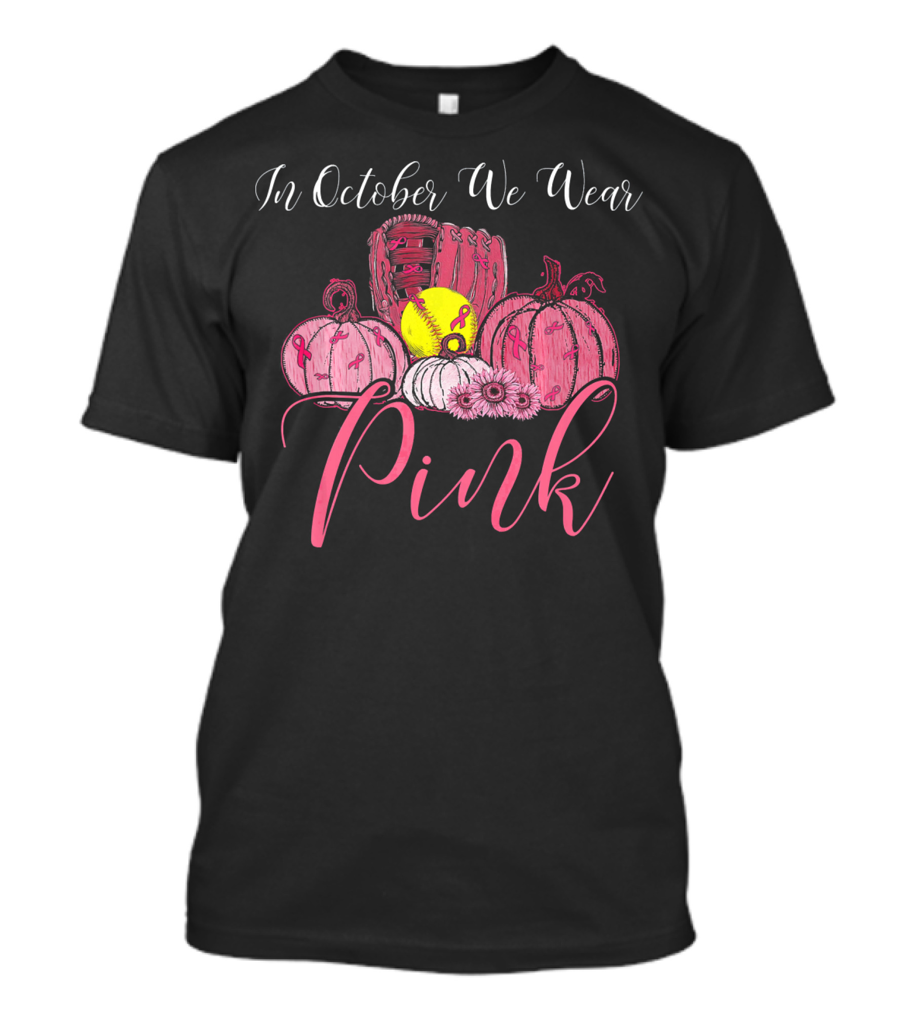 In October We Wear Pink Softball Pumpkin Breast Cancer Awareness T-Shirt
