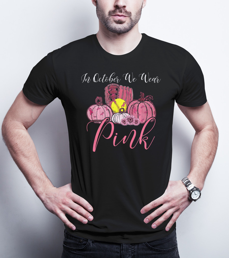 In October We Wear Pink Softball Pumpkin Breast Cancer Awareness T-Shirt
