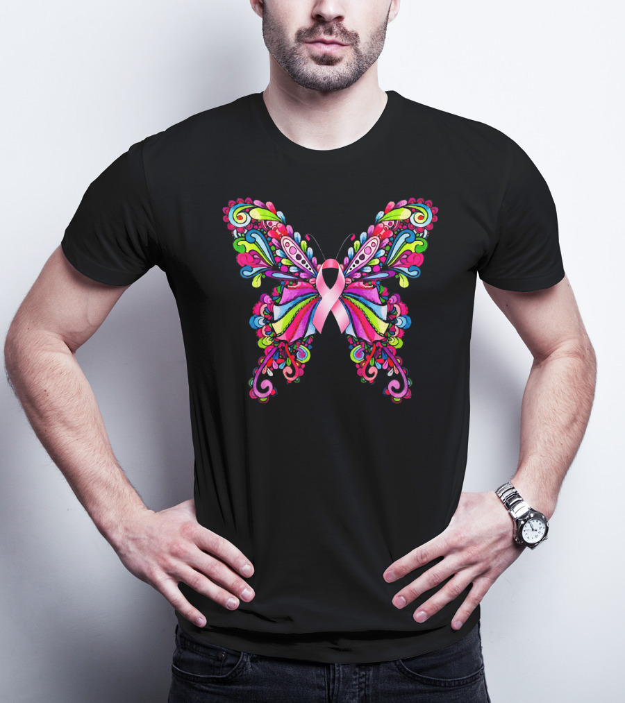 Colorful Hippie Butterfly Breast Cancer Awareness T-Shirt