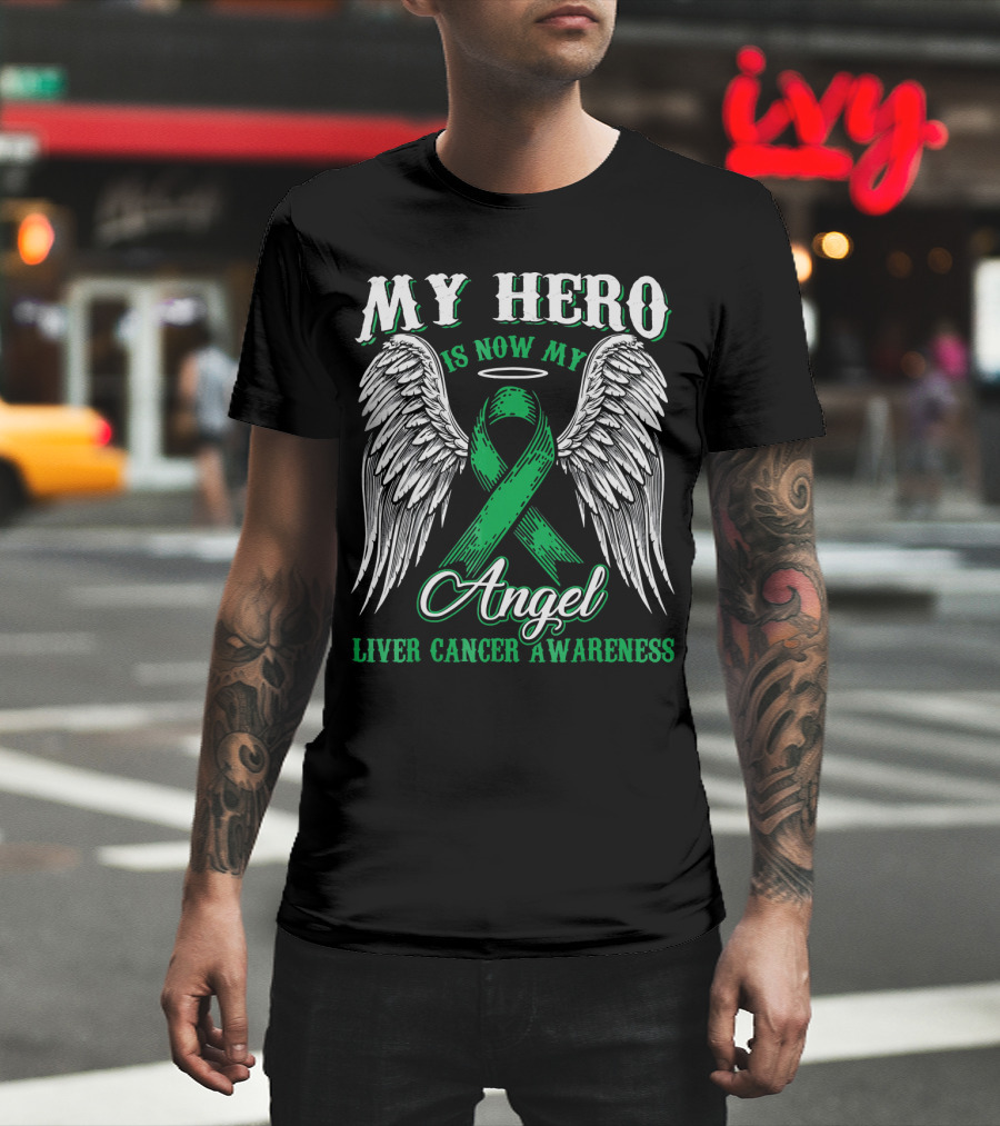 My Hero Is Now My Angel Liver Cancer Awareness Ribbon Wings Halo T-Shirt