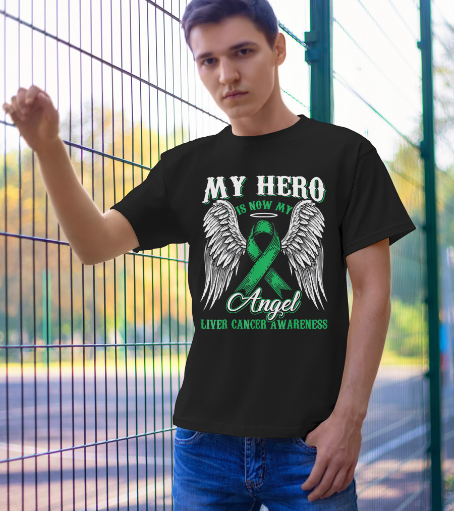 My Hero Is Now My Angel Liver Cancer Awareness Ribbon Wings Halo T-Shirt