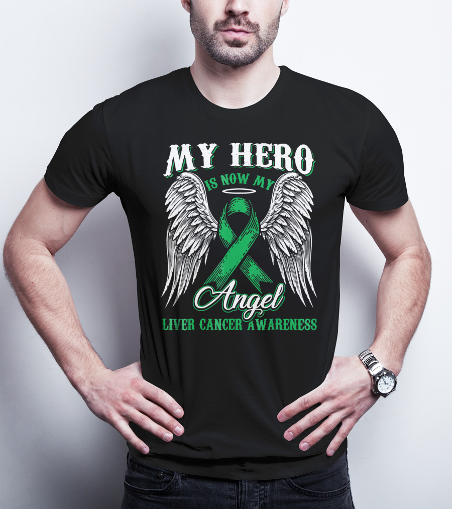 My Hero Is Now My Angel Liver Cancer Awareness Ribbon Wings Halo T-Shirt
