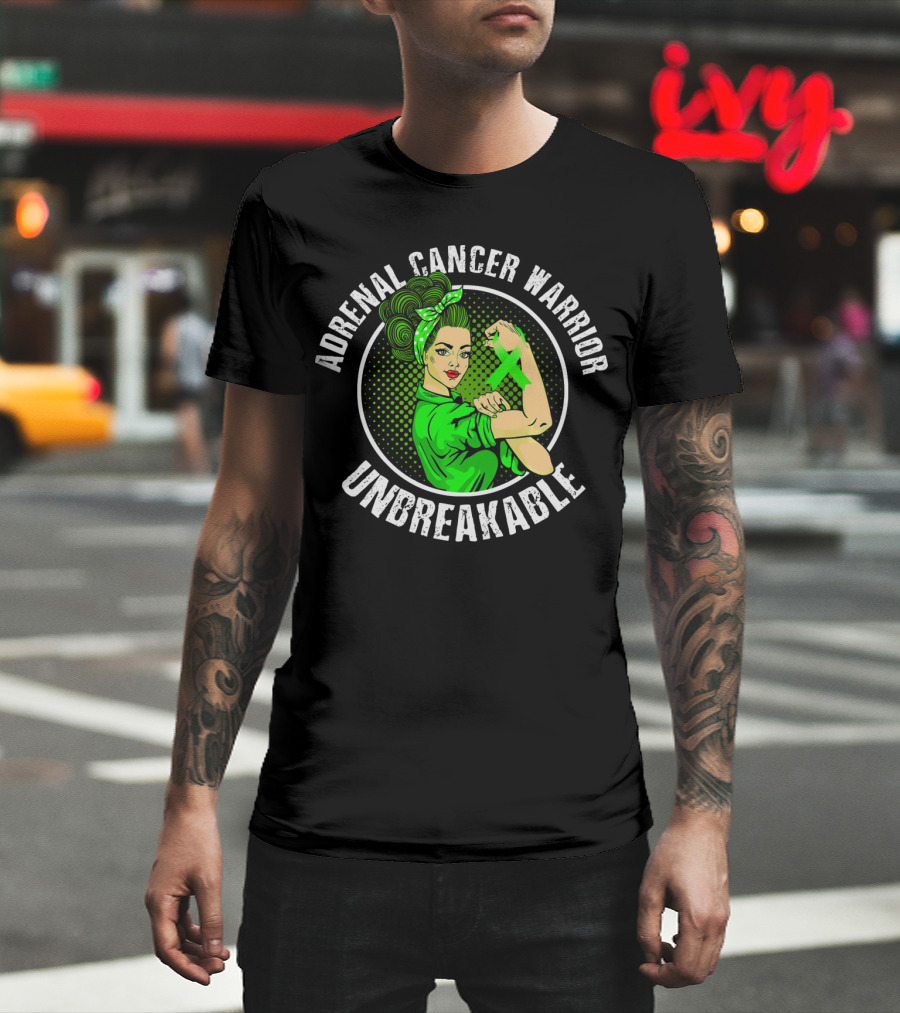 Adrenal Cancer Warrior Unbreakable Rosie The Riveter Green T-Shirt