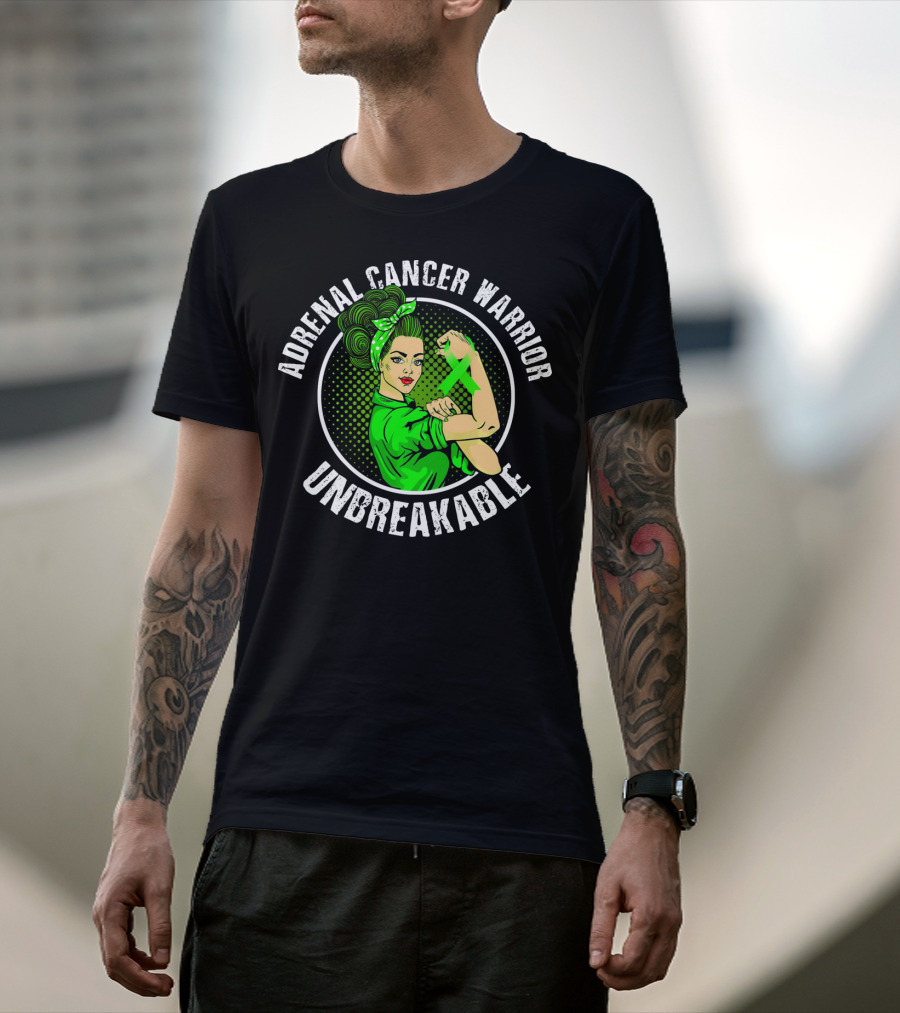 Adrenal Cancer Warrior Unbreakable Rosie The Riveter Green T-Shirt