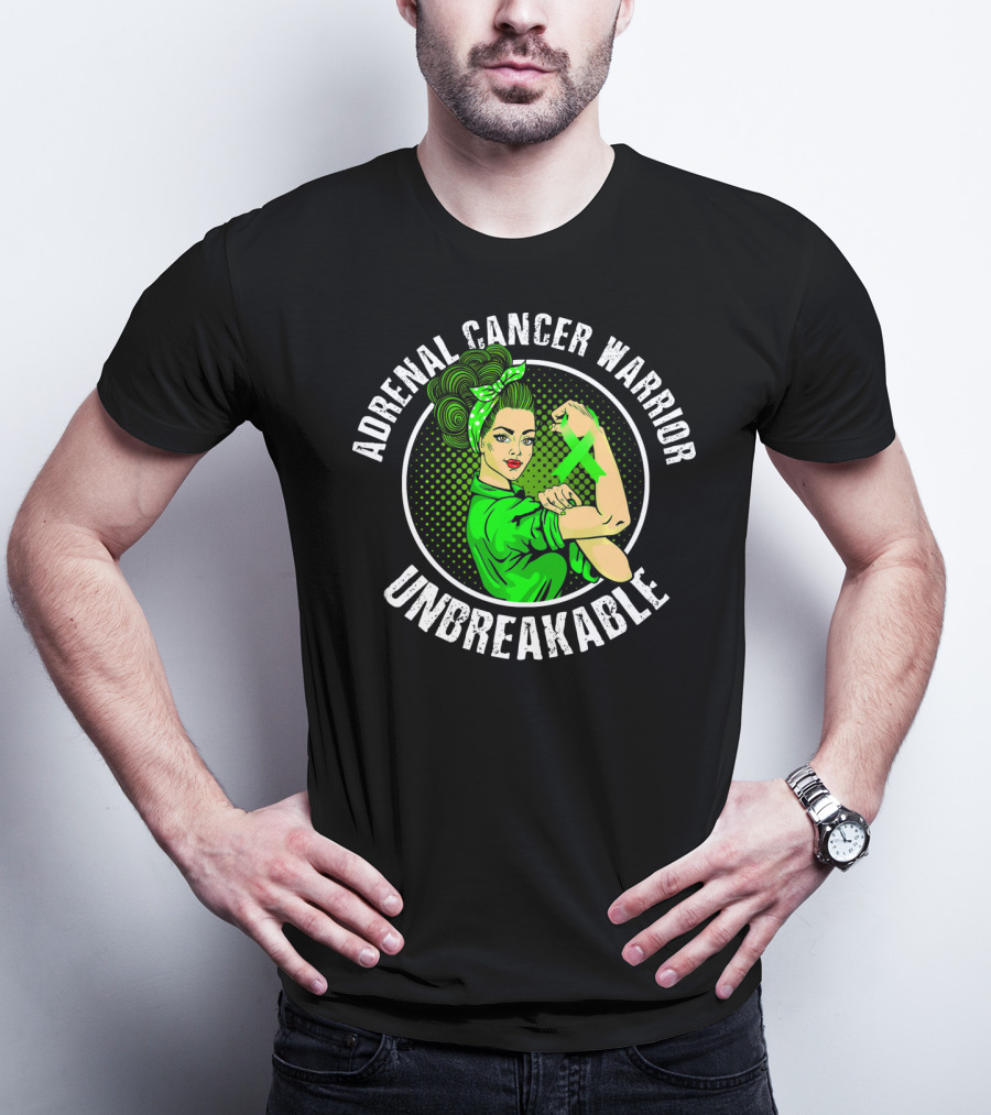 Adrenal Cancer Warrior Unbreakable Rosie The Riveter Green T-Shirt