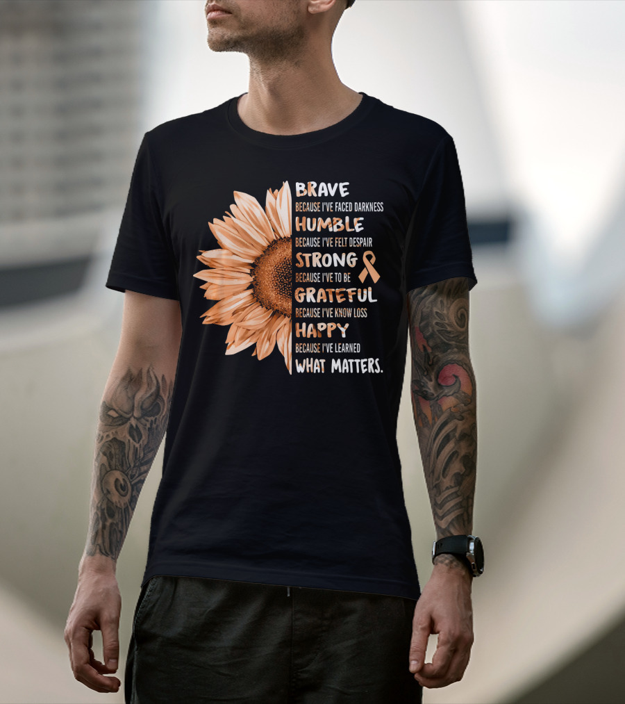Brave Humble Strong Grateful Happy Sunflower Peach Ribbon Uterine Cancer T-Shirt