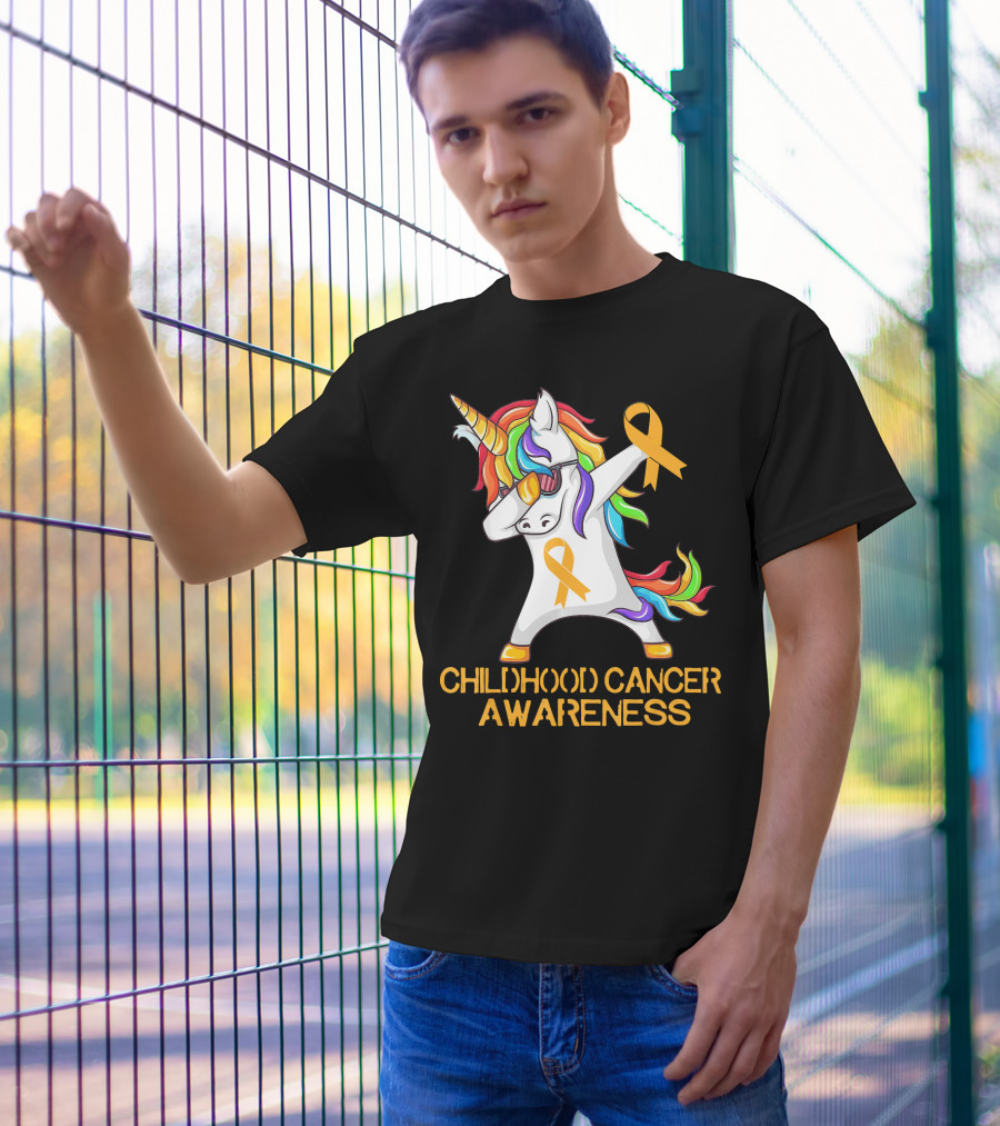 Childhood Cancer Awareness Dabbing Unicorn With Yellow T-Shirt