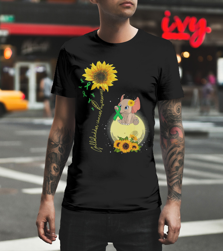 Gallbladder Cancer Awareness Elephant With Sunflowers And Green T-Shirt