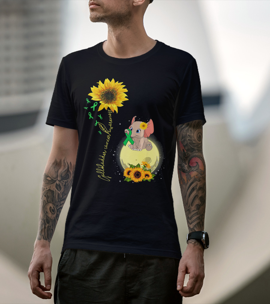 Gallbladder Cancer Awareness Elephant With Sunflowers And Green T-Shirt
