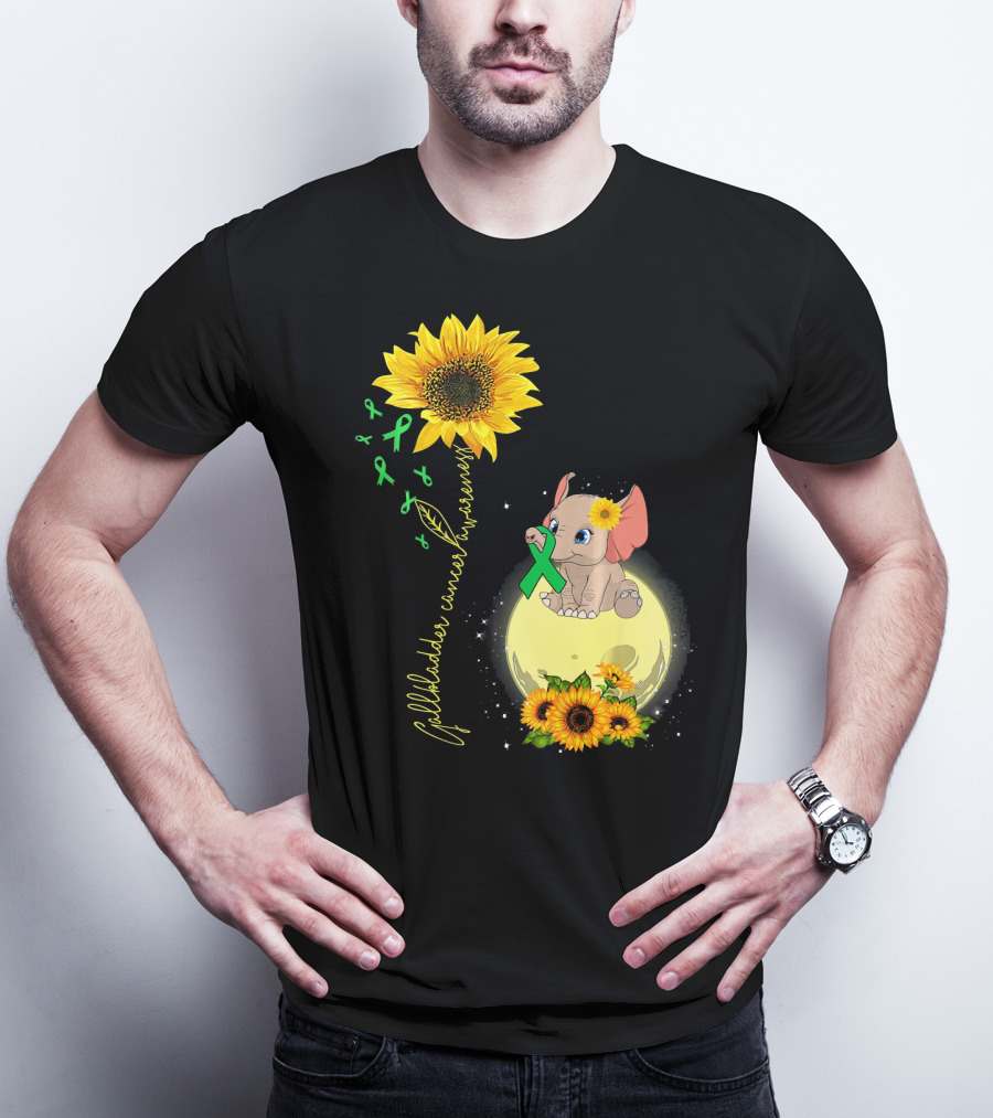 Gallbladder Cancer Awareness Elephant With Sunflowers And Green T-Shirt