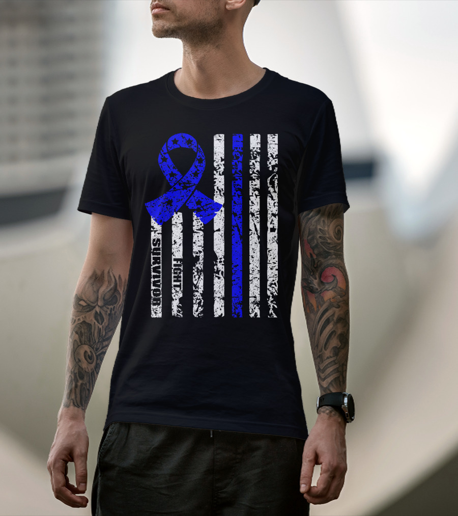 Cool Colon Cancer Awareness Survivor Ribbon Fighter Stripes T-Shirt
