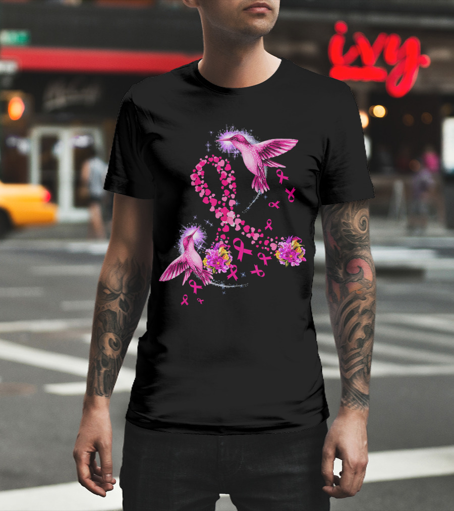 Hummingbird Heart Pink Ribbon Breast Cancer Awareness Flowers T-Shirt
