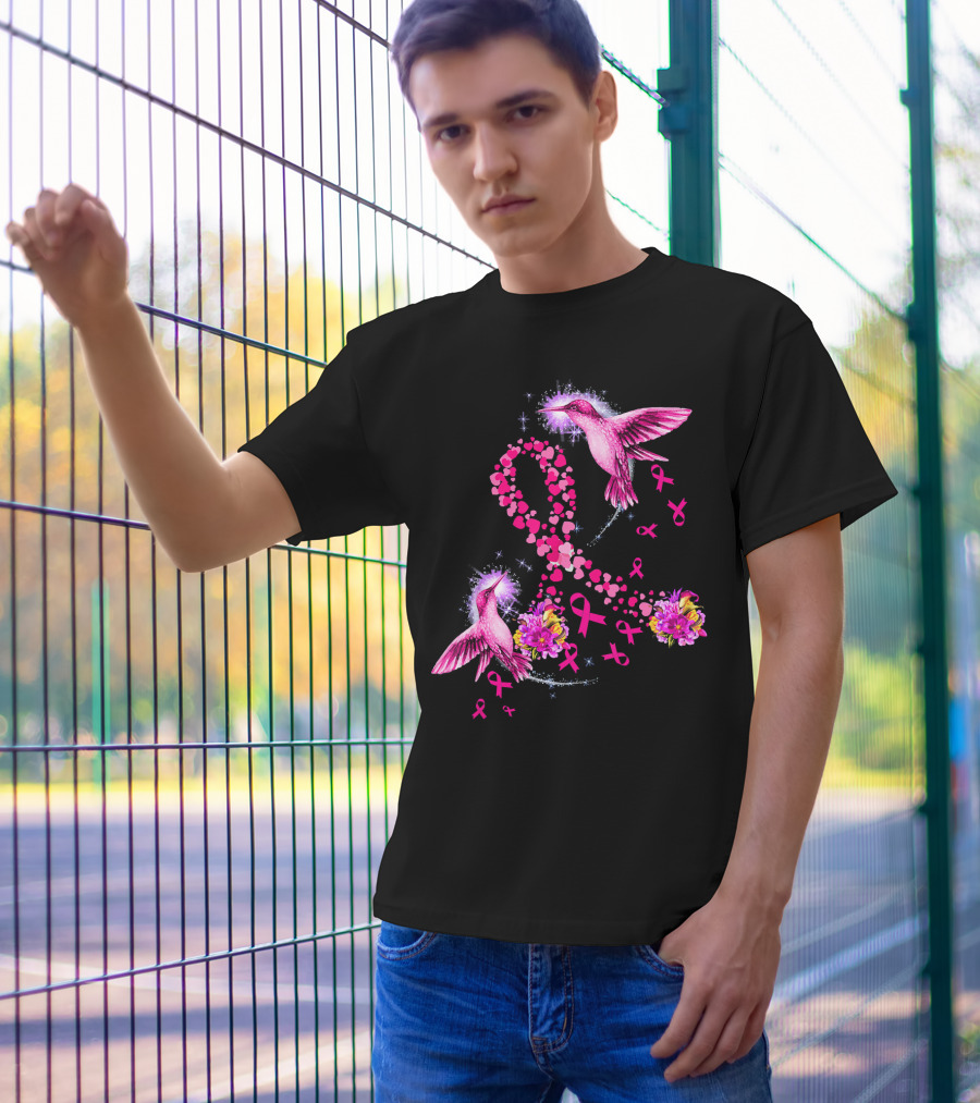 Hummingbird Heart Pink Ribbon Breast Cancer Awareness Flowers T-Shirt