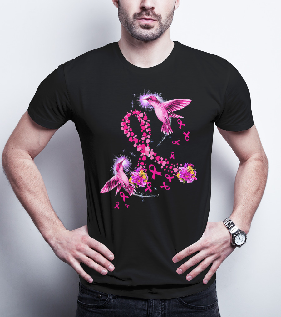 Hummingbird Heart Pink Ribbon Breast Cancer Awareness Flowers T-Shirt