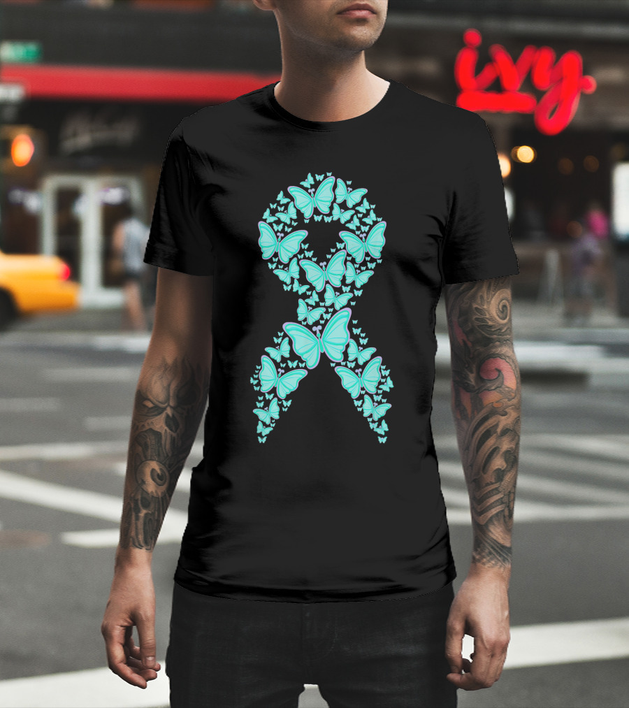 Ovarian Cancer Awareness Butterfly Ribbon Fighter T-Shirt
