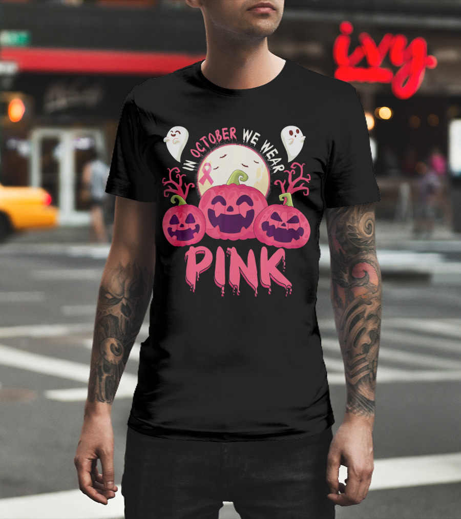 In October We Wear Pink Pumpkin With Ghosts And Moon T-Shirt