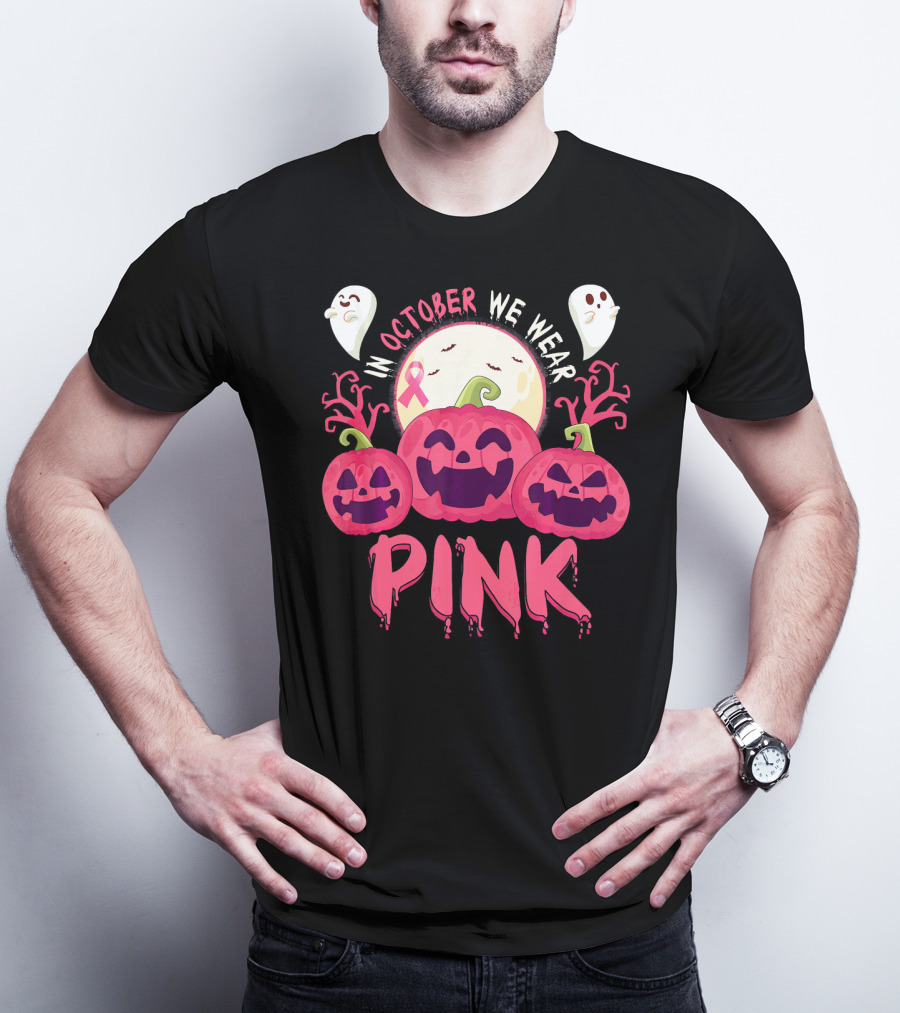 In October We Wear Pink Pumpkin With Ghosts And Moon T-Shirt