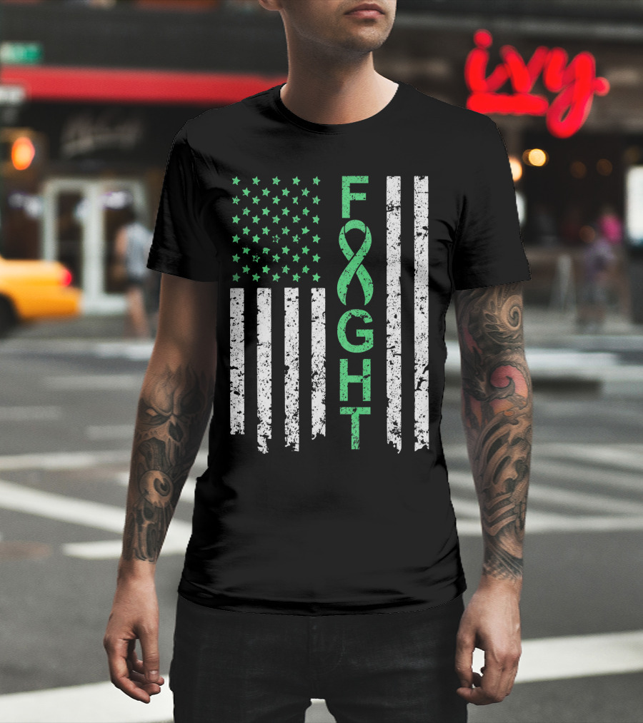 Liver Cancer Awareness Green Ribbon Fight American Flag T-Shirt