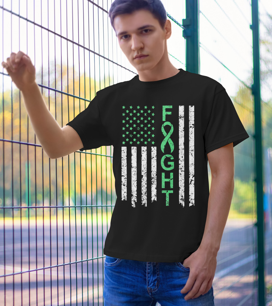 Liver Cancer Awareness Green Ribbon Fight American Flag T-Shirt