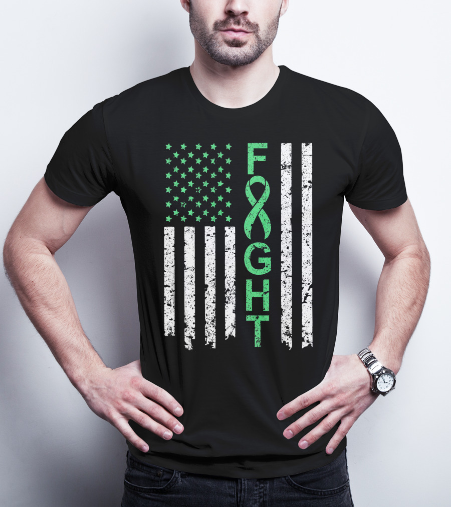 Liver Cancer Awareness Green Ribbon Fight American Flag T-Shirt
